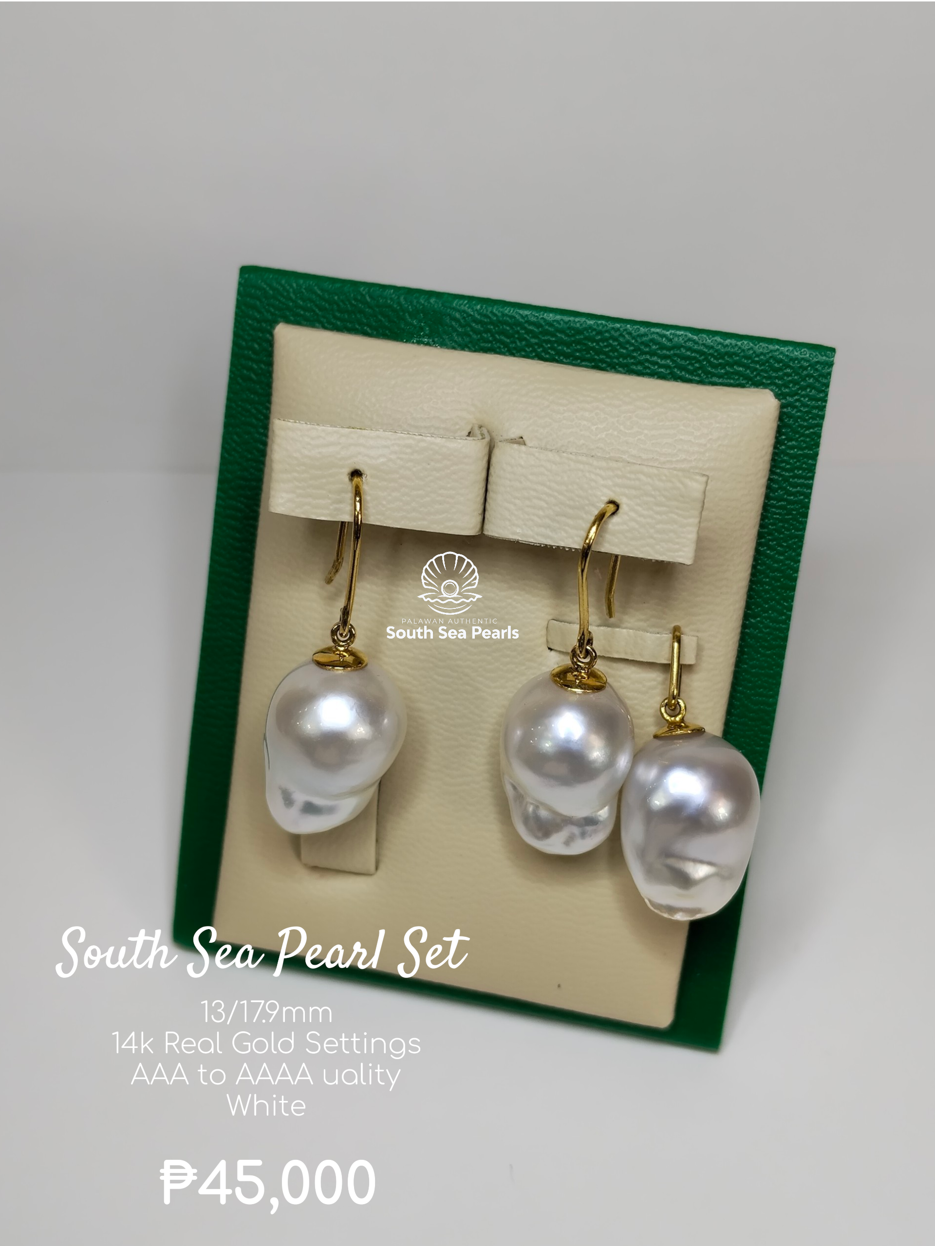 13/17.9mm Palawan Authentic White Color South Sea Pearl Sets in 14k Re ...
